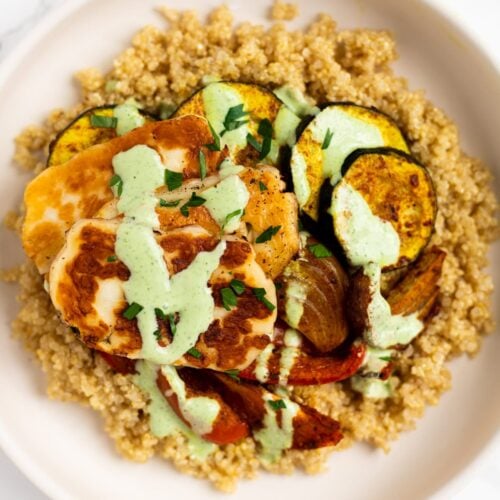 Halloumi Bowl with Roasted Veggies & Herbed Yogurt Sauce - Love & Good ...