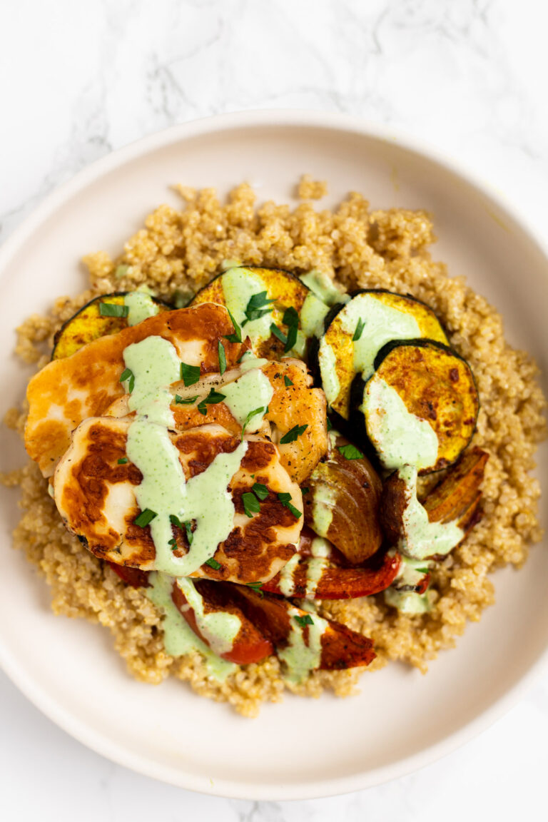 Halloumi Bowl with Roasted Veggies & Herbed Yogurt Sauce - Love & Good ...