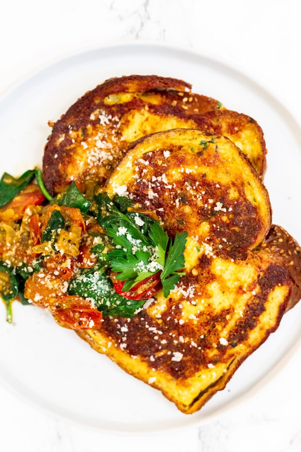 Savory Parmesan French Toast with Pesto Tomato Sauce - Love & Good Stuff